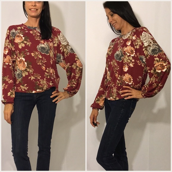 Tops | Burgundy Floral Long Sleeve Top | Poshmark